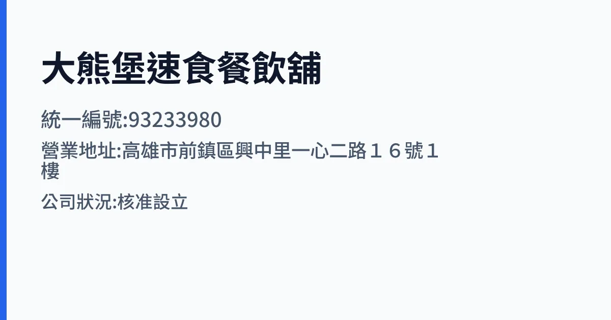 大熊堡速食餐飲舖 - 統編 93233980(高雄市) 公司登記資料與營業項目詳細圖表