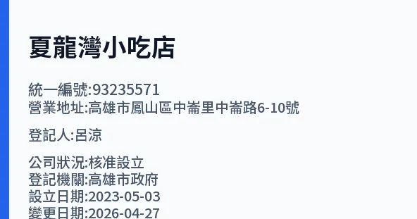 夏龍灣小吃店的照片-統編 93235571(高雄市) 公司登記資料與營業項目詳細圖表