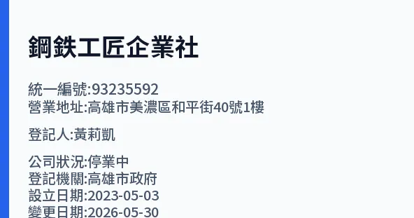 鋼鉄工匠企業社的照片-統編 93235592(高雄市) 公司登記資料與營業項目詳細圖表
