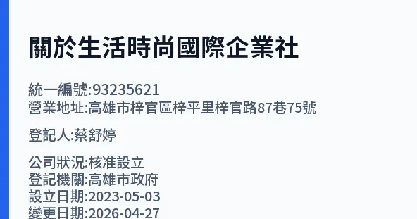 關於生活時尚國際企業社的照片-統編 93235621(高雄市) 公司登記資料與營業項目詳細圖表