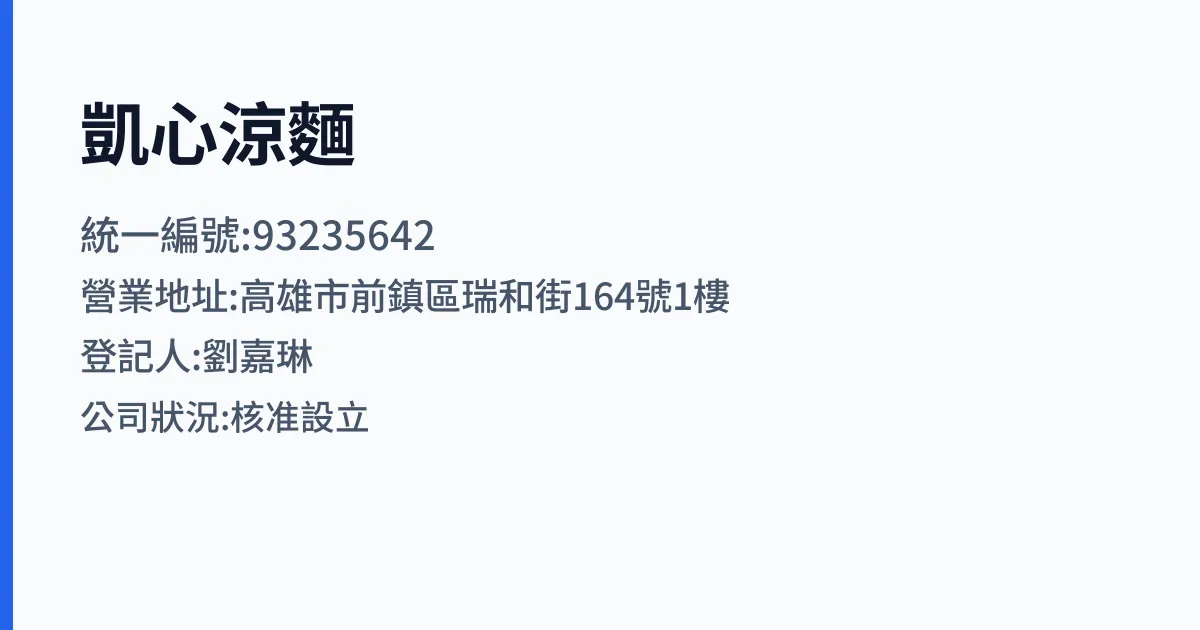 凱心涼麵 - 統編 93235642（高雄市） 公司登記資料與營業項目詳細圖表