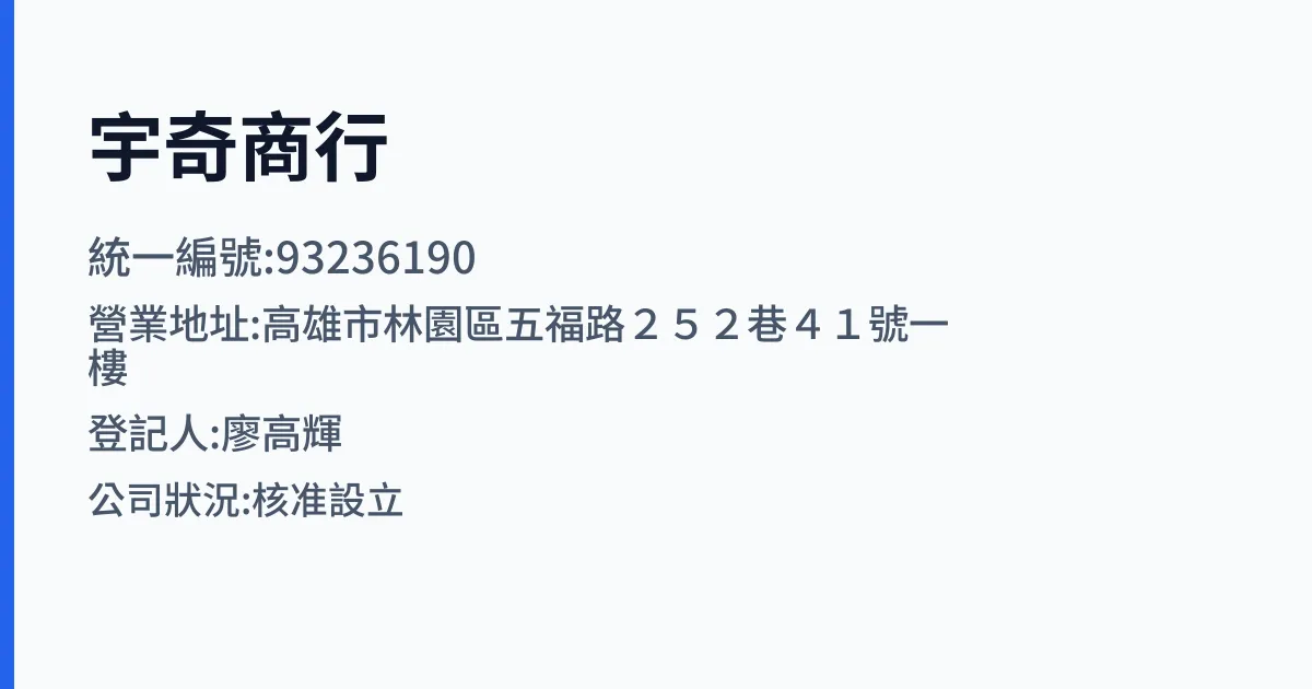 宇奇商行 - 統編 93236190(高雄市) 公司登記資料與營業項目詳細圖表