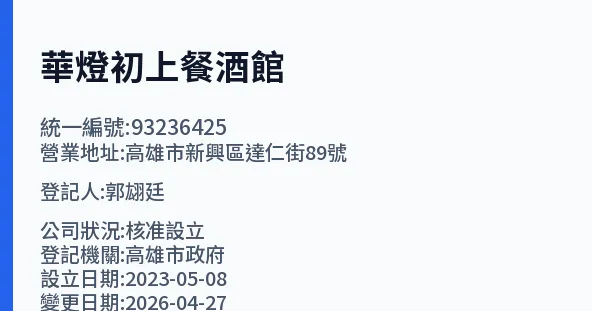 華燈初上餐酒館的照片-統編 93236425(高雄市) 公司登記資料與營業項目詳細圖表
