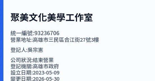 聚美文化美學工作室的照片-統編 93236706(高雄市) 公司登記資料與營業項目詳細圖表