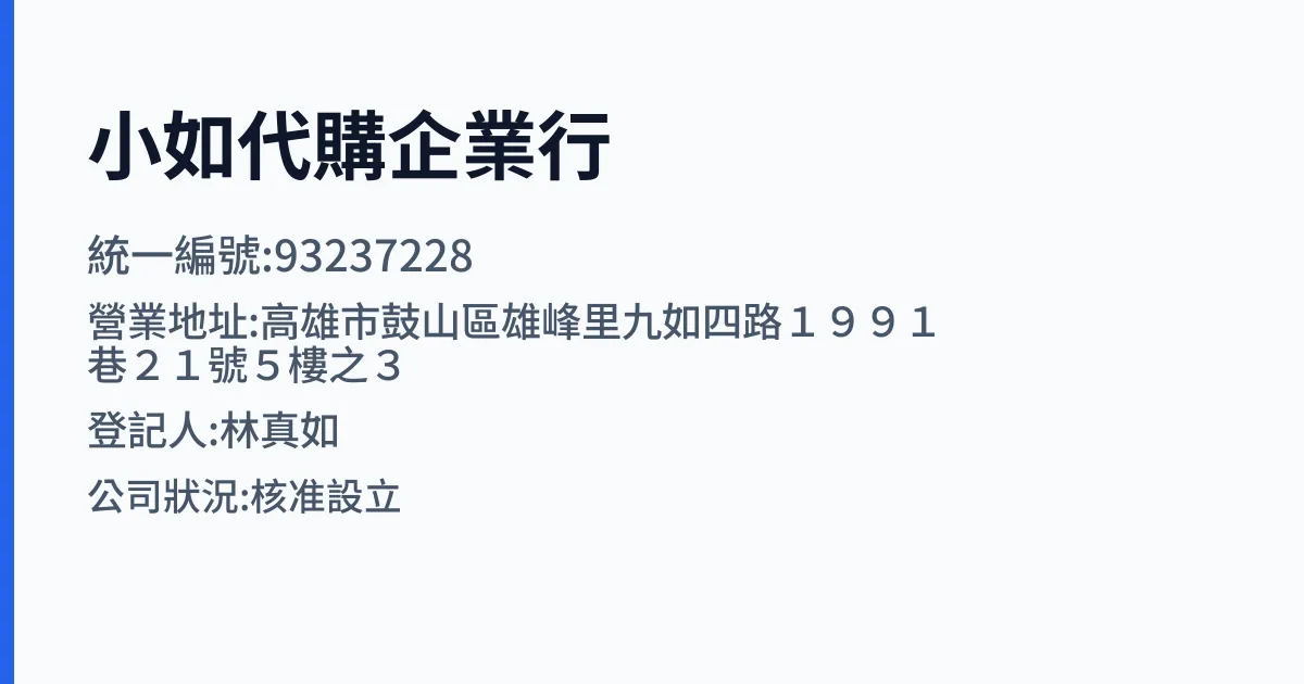 小如代購企業行 - 統編 93237228(高雄市) 公司登記資料與營業項目詳細圖表