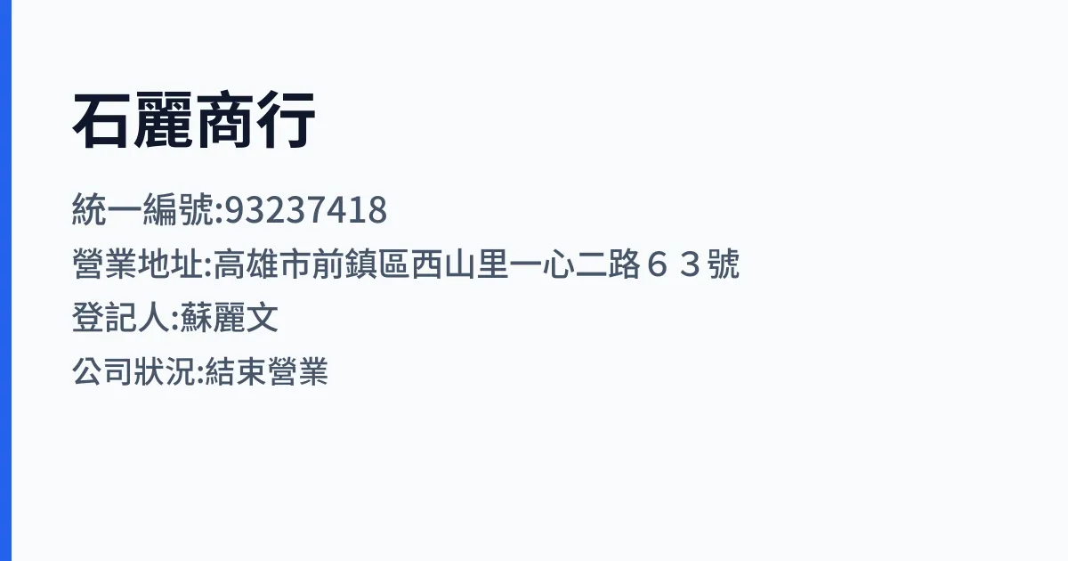 石麗商行 - 統編 93237418(高雄市) 公司登記資料與營業項目詳細圖表