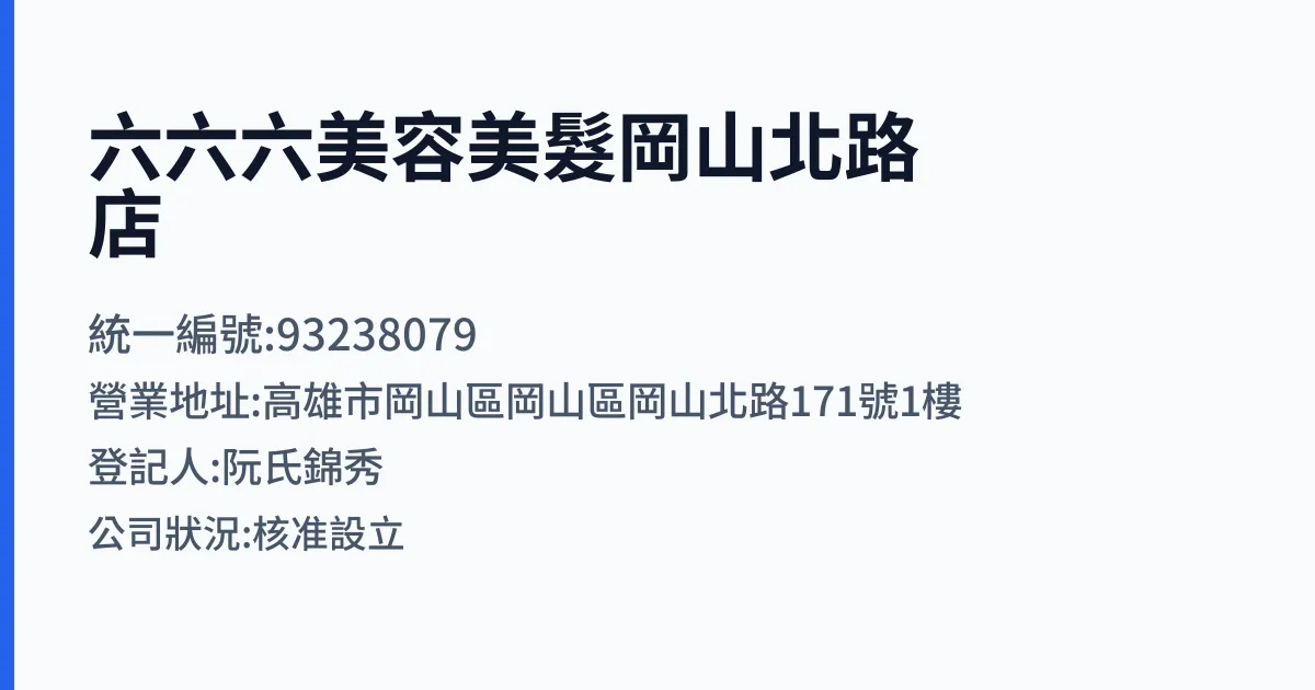 六六六美容美髮岡山北路店 - 統編 93238079(高雄市) 公司登記資料與營業項目詳細圖表