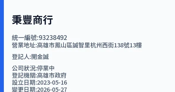秉豐商行的照片-統編 93238492(高雄市) 公司登記資料與營業項目詳細圖表