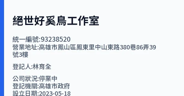 絕世好奚鳥工作室的照片-統編 93238520(高雄市) 公司登記資料與營業項目詳細圖表