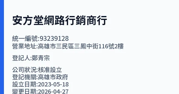 安方堂網路行銷商行的照片-統編 93239128(高雄市) 公司登記資料與營業項目詳細圖表