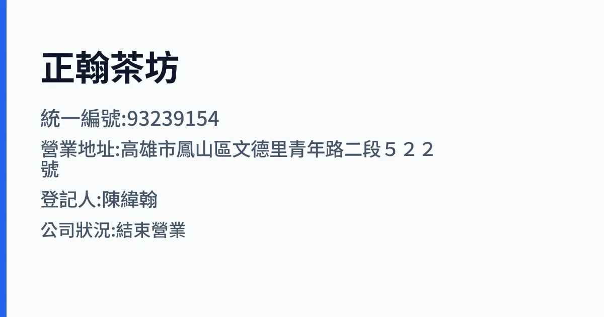 正翰茶坊 - 統編 93239154(高雄市) 公司登記資料與營業項目詳細圖表