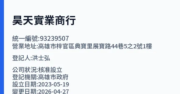 昊天實業商行的照片-統編 93239507(高雄市) 公司登記資料與營業項目詳細圖表