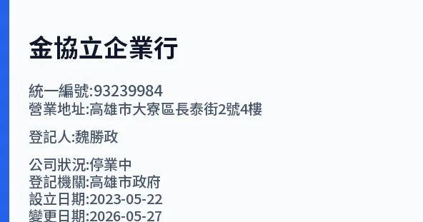 金協立企業行的照片-統編 93239984(高雄市) 公司登記資料與營業項目詳細圖表