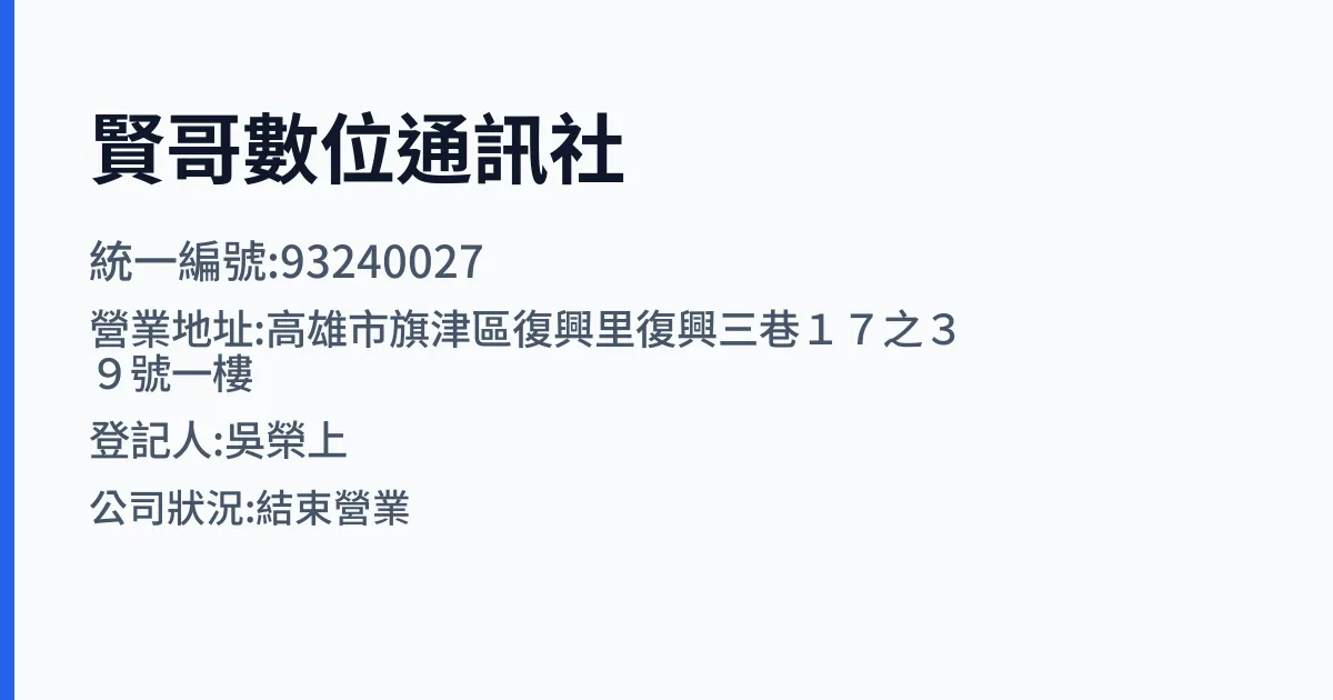賢哥數位通訊社 - 統編 93240027(高雄市) 公司登記資料與營業項目詳細圖表