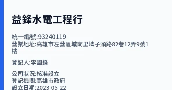 益鋒水電工程行的照片-統編 93240119(高雄市) 公司登記資料與營業項目詳細圖表