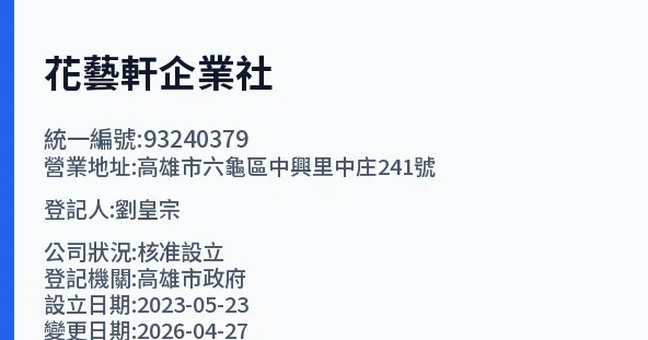 花藝軒企業社的照片-統編 93240379(高雄市) 公司登記資料與營業項目詳細圖表