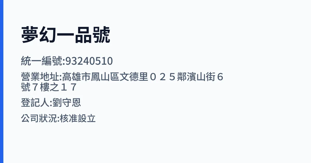 夢幻一品號 - 統編 93240510(高雄市) 公司登記資料與營業項目詳細圖表