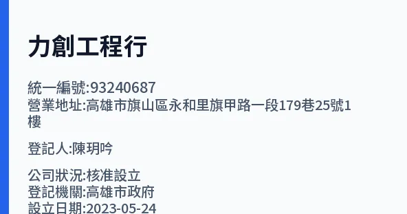 力創工程行的照片-統編 93240687(高雄市) 公司登記資料與營業項目詳細圖表