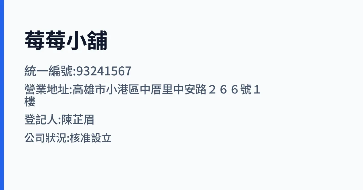 莓莓小舖 - 統編 93241567(高雄市) 公司登記資料與營業項目詳細圖表