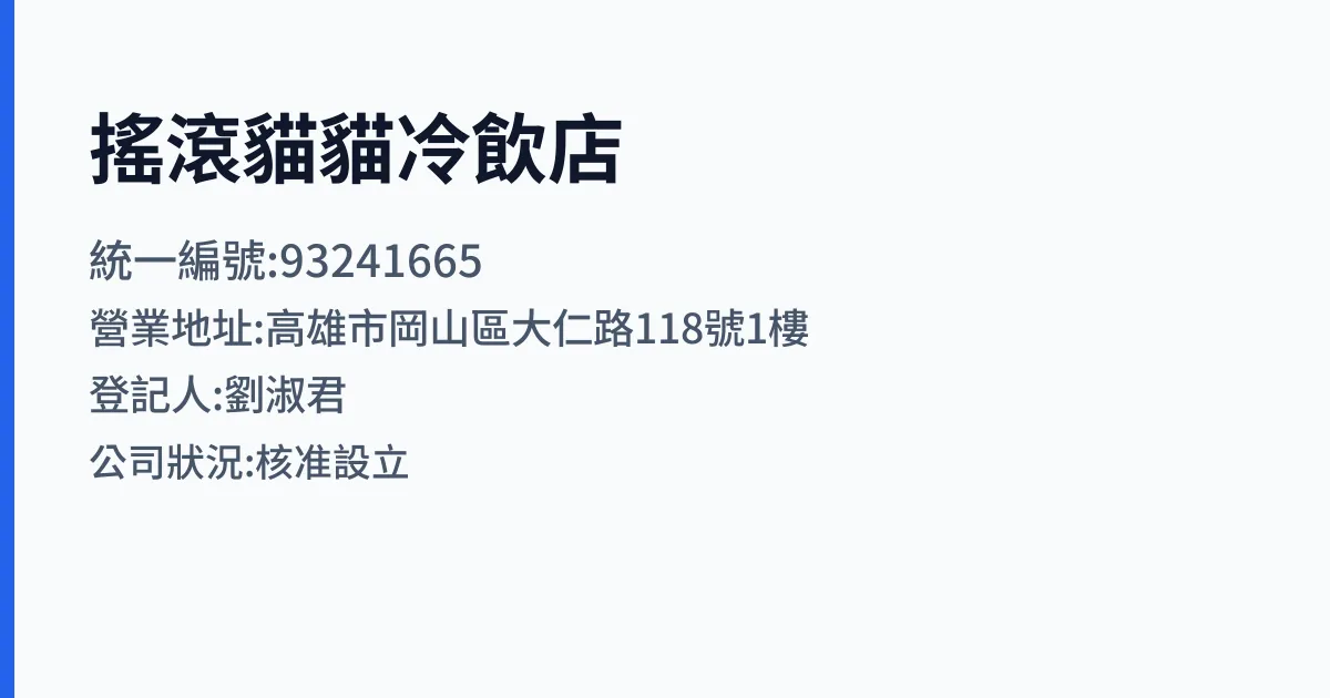 搖滾貓貓冷飲店 - 統編 93241665(高雄市) 公司登記資料與營業項目詳細圖表