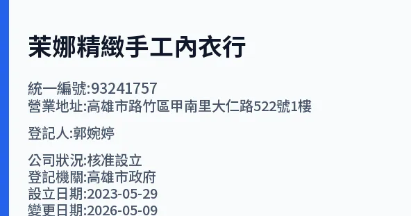 茉娜精緻手工內衣行的照片-統編 93241757(高雄市) 公司登記資料與營業項目詳細圖表