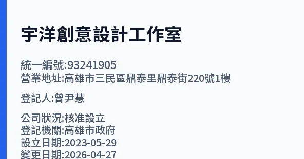 宇洋創意設計工作室的照片-統編 93241905(高雄市) 公司登記資料與營業項目詳細圖表