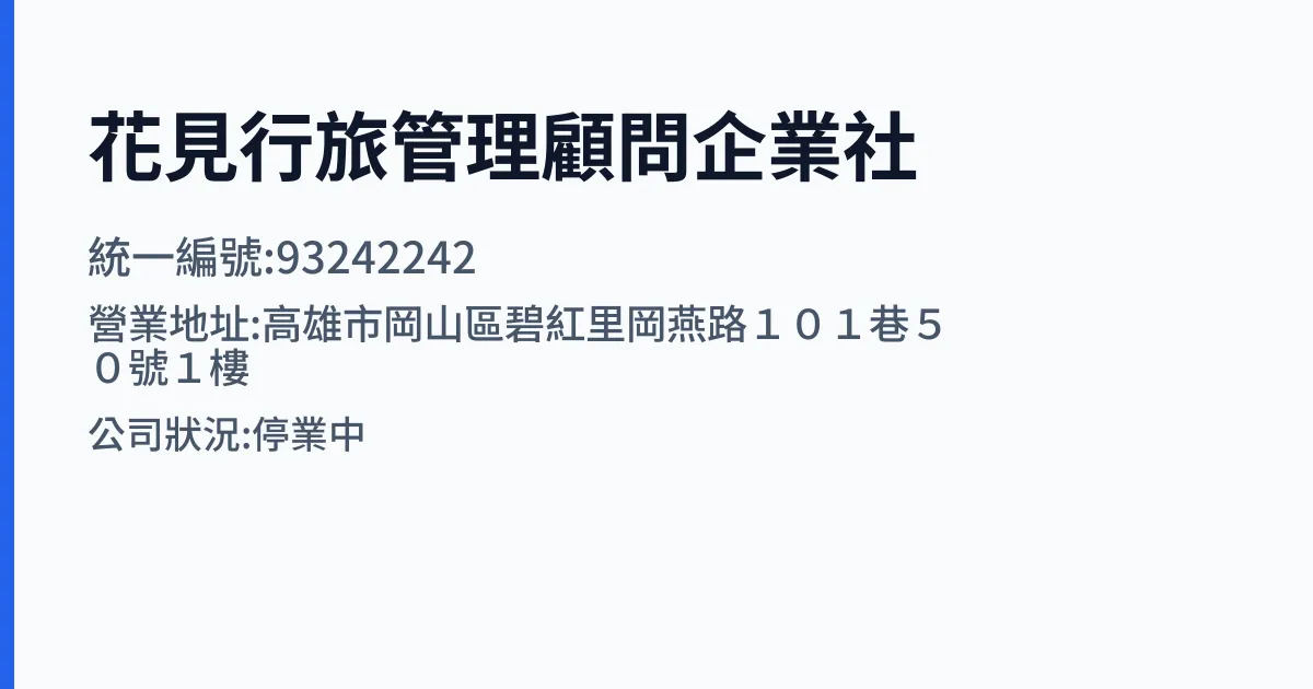 花見行旅管理顧問企業社 - 統編 93242242(高雄市) 公司登記資料與營業項目詳細圖表