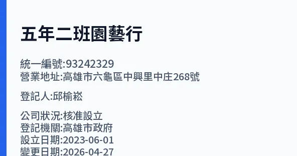 五年二班園藝行的照片-統編 93242329(高雄市) 公司登記資料與營業項目詳細圖表