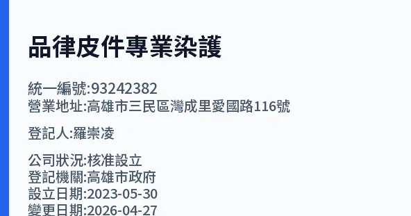 品律皮件專業染護的照片-統編 93242382(高雄市) 公司登記資料與營業項目詳細圖表