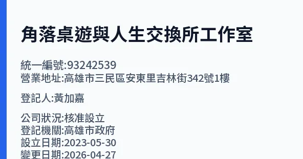 角落桌遊與人生交換所工作室的照片-統編 93242539(高雄市) 公司登記資料與營業項目詳細圖表
