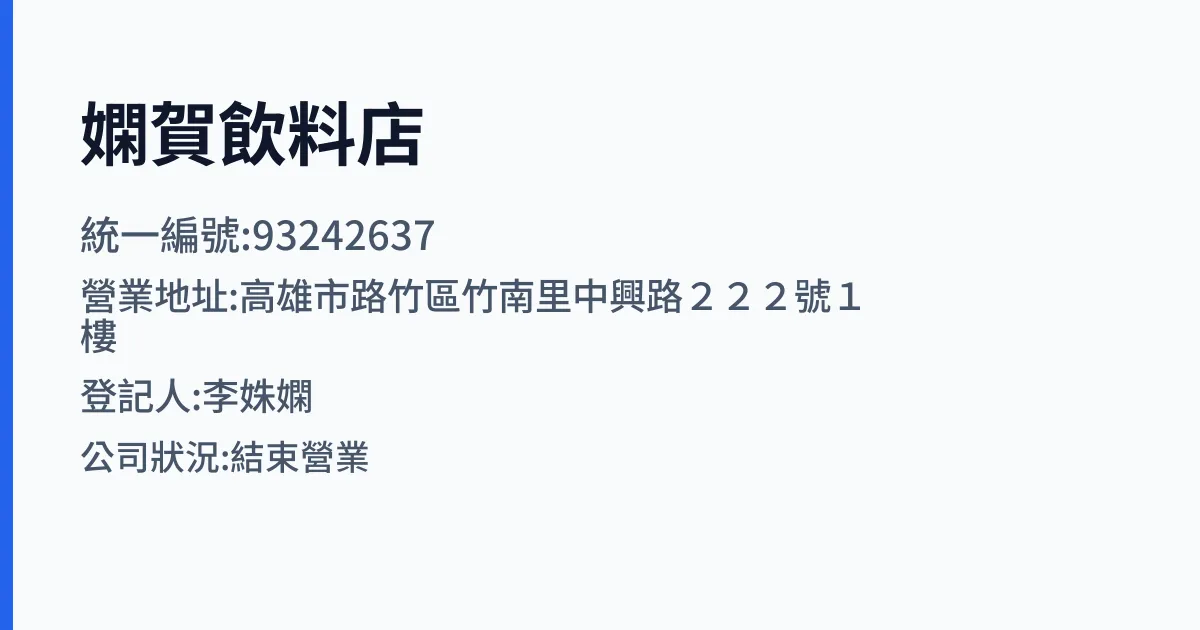嫻賀飲料店 - 統編 93242637(高雄市) 公司登記資料與營業項目詳細圖表