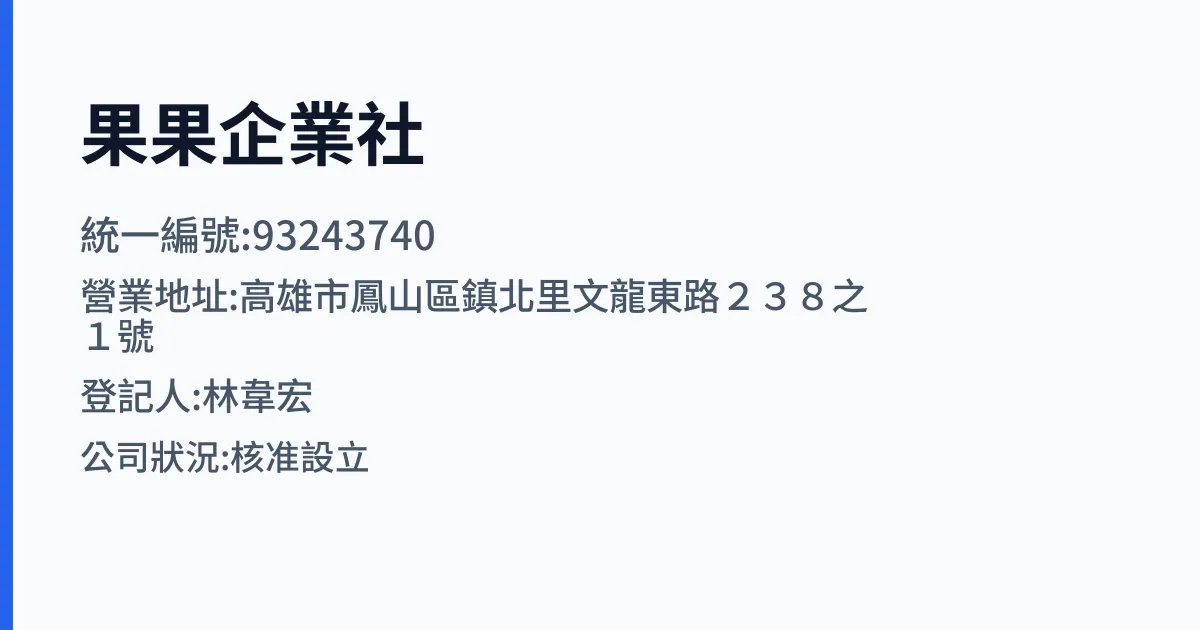 果果企業社 - 統編 93243740(高雄市) 公司登記資料與營業項目詳細圖表