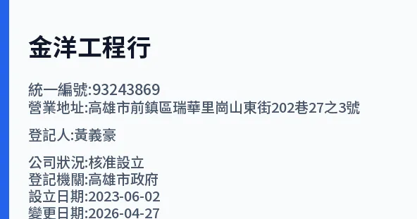 金洋工程行的照片-統編 93243869(高雄市) 公司登記資料與營業項目詳細圖表