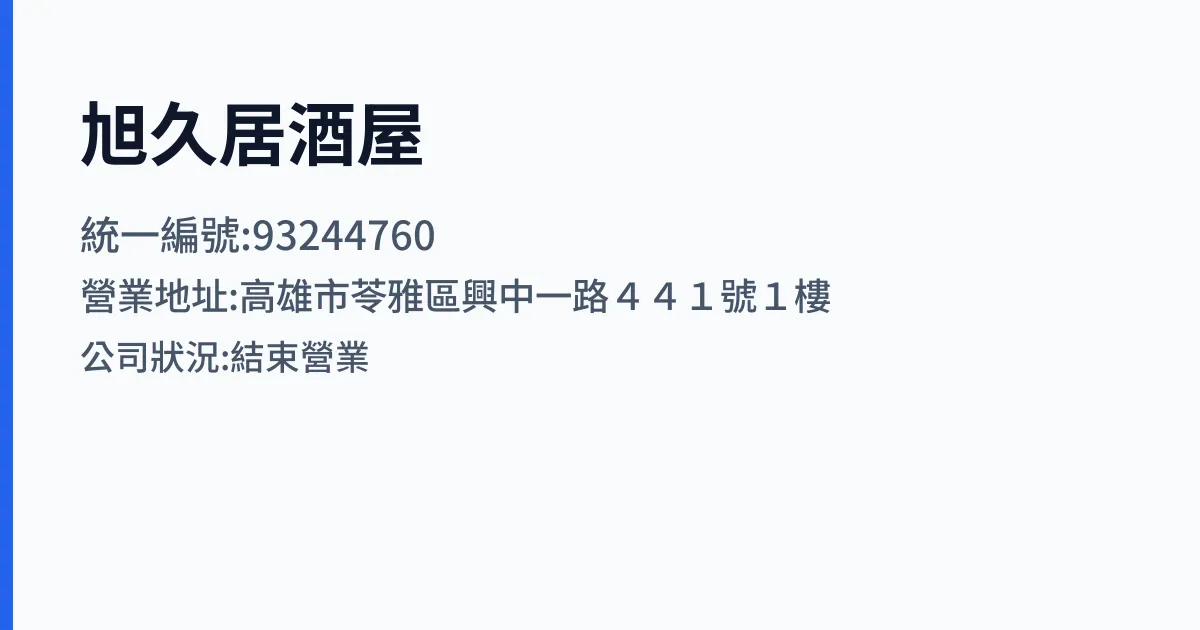 旭久居酒屋 - 統編 93244760(高雄市) 公司登記資料與營業項目詳細圖表