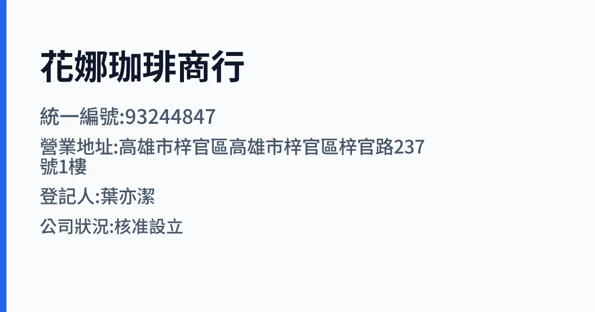 花娜珈琲商行 - 統編 93244847(高雄市) 公司登記資料與營業項目詳細圖表