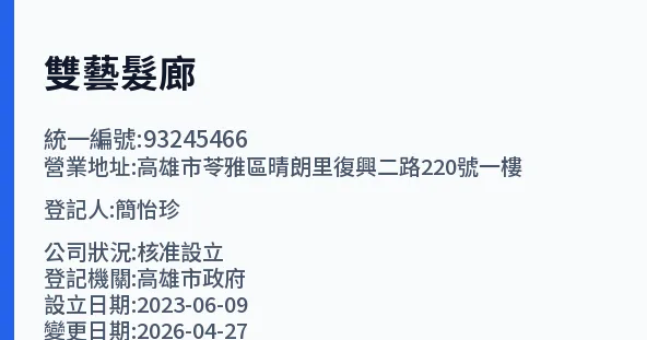 雙藝髮廊的照片-統編 93245466(高雄市) 公司登記資料與營業項目詳細圖表