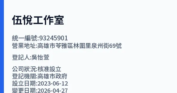 伍悅工作室的照片-統編 93245901(高雄市) 公司登記資料與營業項目詳細圖表