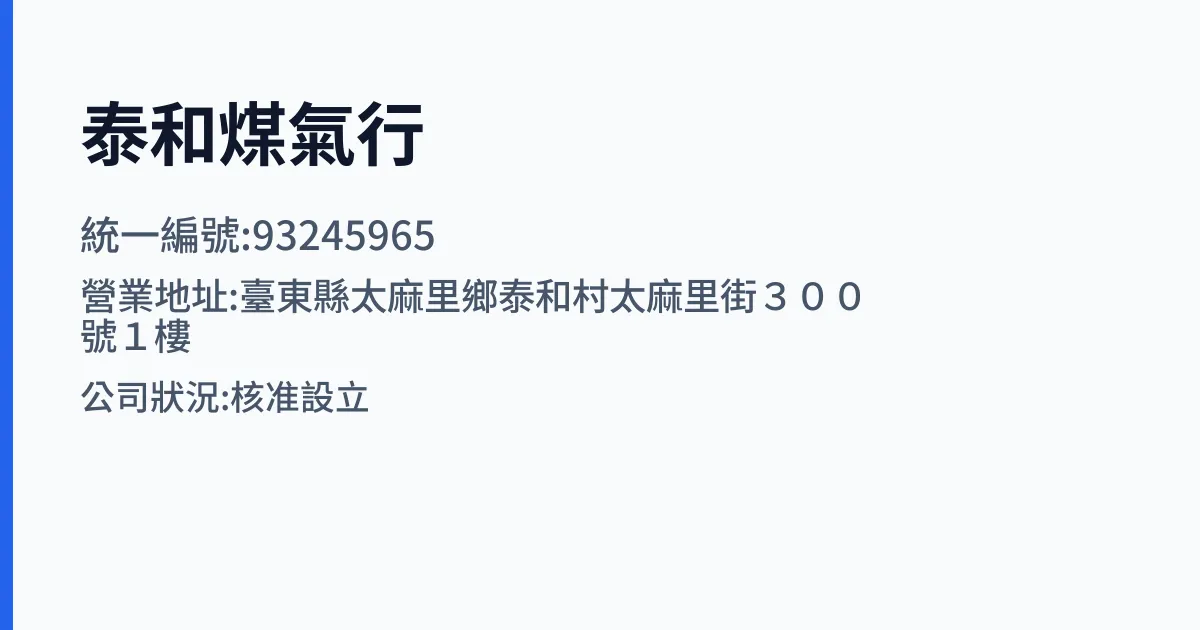 泰和煤氣行 - 統編 93245965(臺東縣) 公司登記資料與營業項目詳細圖表