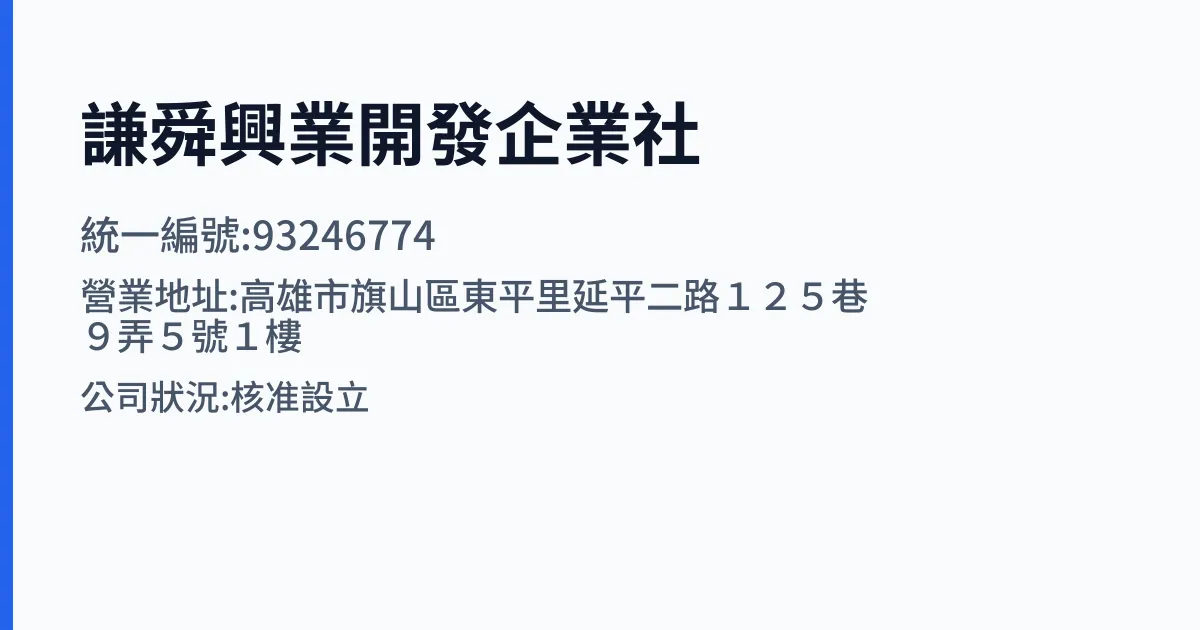 謙舜興業開發企業社 - 統編 93246774(高雄市) 公司登記資料與營業項目詳細圖表
