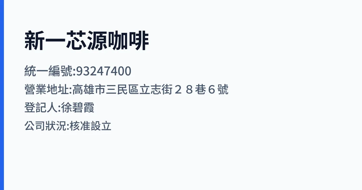 新一芯源咖啡 - 統編 93247400(高雄市) 公司登記資料與營業項目詳細圖表