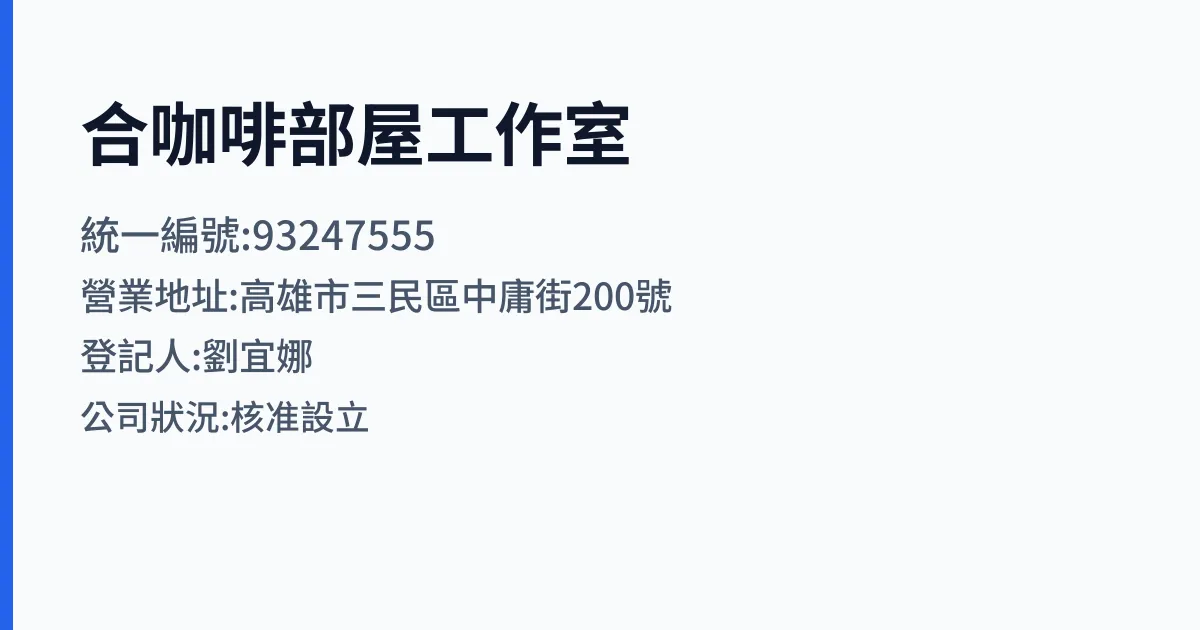 合咖啡部屋工作室 - 統編 93247555(高雄市) 公司登記資料與營業項目詳細圖表