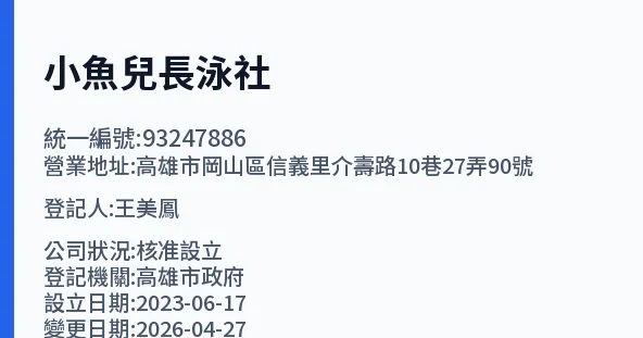 小魚兒長泳社的照片-統編 93247886(高雄市) 公司登記資料與營業項目詳細圖表