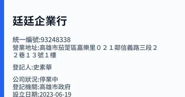 廷廷企業行的照片-統編 93248338(高雄市) 公司登記資料與營業項目詳細圖表