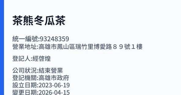 茶熊冬瓜茶的照片-統編 93248359(高雄市) 公司登記資料與營業項目詳細圖表