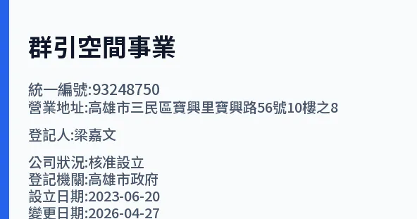 群引空間事業的照片-統編 93248750(高雄市) 公司登記資料與營業項目詳細圖表