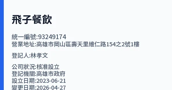 飛子餐飲的照片-統編 93249174(高雄市) 公司登記資料與營業項目詳細圖表