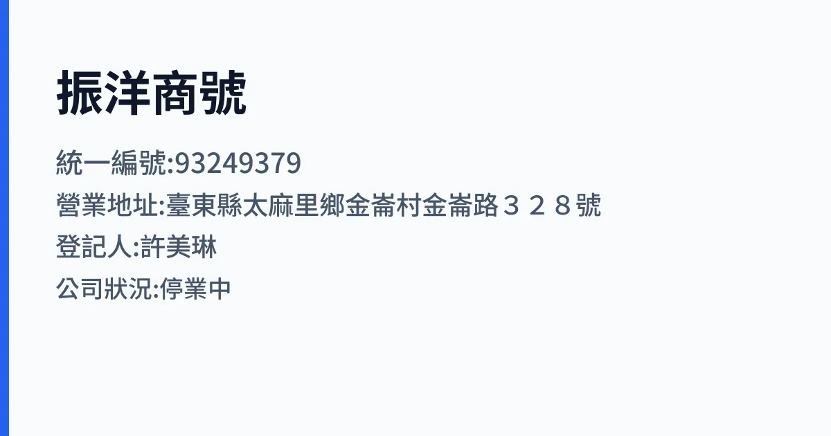 振洋商號 - 統編 93249379(臺東縣) 公司登記資料與營業項目詳細圖表