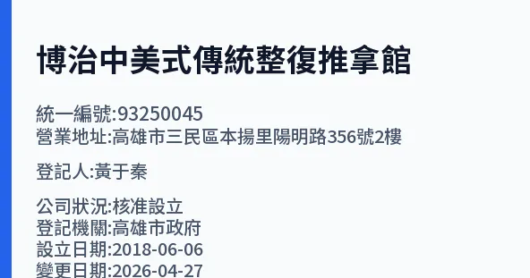 博治中美式傳統整復推拿館的照片-統編 93250045(高雄市) 公司登記資料與營業項目詳細圖表