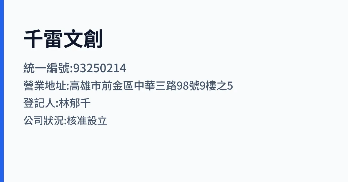 千雷文創 - 統編 93250214(高雄市) 公司登記資料與營業項目詳細圖表