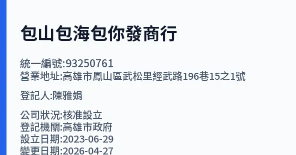 包山包海包你發商行的照片-統編 93250761(高雄市) 公司登記資料與營業項目詳細圖表